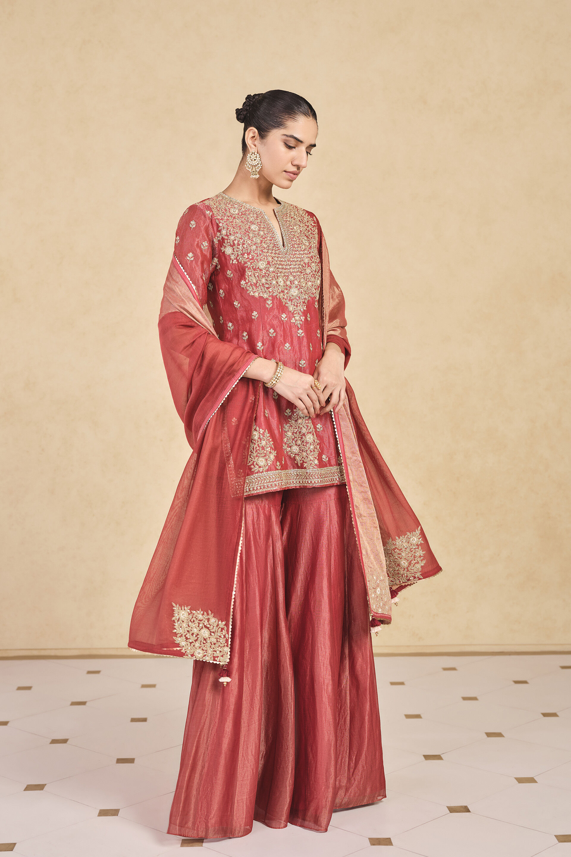 Divyati Embroidered Zardozi Mul Gharara Set Red